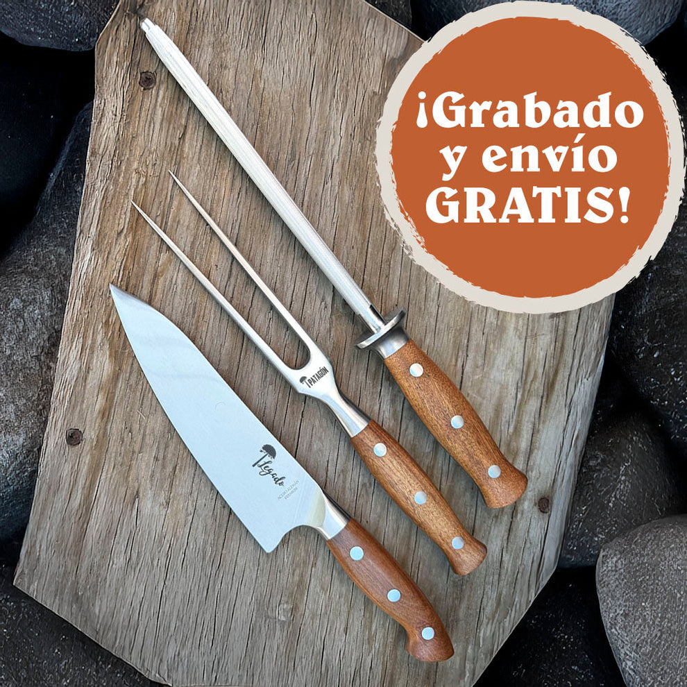 Set Parrillero Cuchillo + Tenedor + Chaira PELLÍN – Cuchillos Mundo Patagon